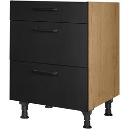 Unterschrank Nobilia "MIAMI", vormontiert, mit h&ouml;henverstellbaren Sockelf&uuml;&szlig;en, in den", front: schwarz supermatt korpus: eiche sierra, B:60cm H:87cm T:58,3cm, Schr&auml;nke, Unterschrank, Breiten 30, 45, 60 und 90 cm, mit Schubkasten und Ausz&uuml;gen