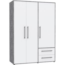 Kleiderschrank FORTE "Mokkaris, Garderobe, zeitloses Design, 3 T&uuml;ren, Made in Europe", grau (betonoptik lichtgrau, wei&szlig;), B:144,4cm H:200,1cm T:58,8cm, Holzwerkstoff, Schr&auml;nke, Kleiderschrank, Zwei Schubladen, schwarze Stangengriffe, Stauraum, auch in Schwarz