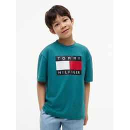 T-Shirt Tommy Hilfiger "HERITAGE", M&auml;dchen, Gr. 4 (104), platinum teal, Single Jersey, Obermaterial: 100% Baumwolle, unifarben, regular fit normal, Rundhals, abgesteppte Kante, Shirts T-Shirt, Regular Fit, Kinder bis 16 Jahre, Logo-Print