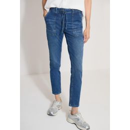 Straight-Jeans Cecil "Style Scarlett", Damen, Gr. 30, L&auml;nge 30, mid blau used wash, Denim/Jeans, Obermaterial: 83% Baumwolle, 15% Polyester, 2% Elasthan, unifarben, straight fit lang, Jeans Straight-Jeans, mit G&uuml;rteldetail zum Binden / Stretch