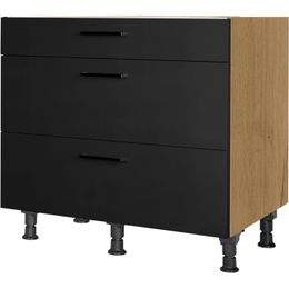 Unterschrank Nobilia "MIAMI", vormontiert, mit h&ouml;henverstellbaren Sockelf&uuml;&szlig;en, in den", front: schwarz supermatt korpus: eiche sierra, B:90cm H:87cm T:58,3cm, Schr&auml;nke, Unterschrank, Breiten 30, 45, 60 und 90 cm, mit Schubkasten und Ausz&uuml;gen