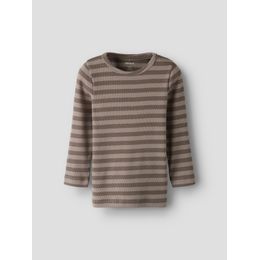 T-Shirt name it "NMNBANIO LS XSL TOP NOOS", M&auml;dchen, Gr. 104, morel stripes:satellite, Jersey, Obermaterial: 57% Baumwolle, 38% Modal, 5% Elasthan, gestreift, slim fit normal, Rundhals, Shirts T-Shirt, Baumwollmischung, slim fit