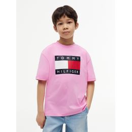 T-Shirt Tommy Hilfiger "HERITAGE", M&auml;dchen, Gr. 4 (104), pink daisy, Single Jersey, Obermaterial: 100% Baumwolle, unifarben, regular fit normal, Rundhals, abgesteppte Kante, Shirts T-Shirt, Regular Fit, Kinder bis 16 Jahre, Logo-Print