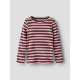 T-Shirt name it "NMNBANIO LS XSL TOP NOOS", M&auml;dchen, Gr. 104, french roast stripes:lilas, Jersey, Obermaterial: 57% Baumwolle, 38% Modal, 5% Elasthan, gestreift, slim fit normal, Rundhals, Shirts T-Shirt, Baumwollmischung, slim fit