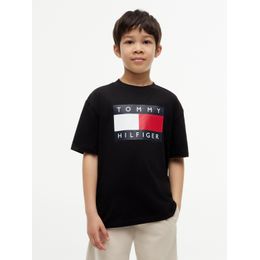 T-Shirt Tommy Hilfiger "HERITAGE", M&auml;dchen, Gr. 5 (110), schwarz, Single Jersey, Obermaterial: 100% Baumwolle, unifarben, regular fit normal, Rundhals, abgesteppte Kante, Shirts T-Shirt, Regular Fit, Kinder bis 16 Jahre, Logo-Print