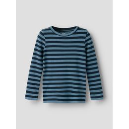 T-Shirt name it "NMNBANIO LS XSL TOP NOOS", M&auml;dchen, Gr. 104, schwarz sapphire stripes:blau mirage, Jersey, Obermaterial: 57% Baumwolle, 38% Modal, 5% Elasthan, gestreift, slim fit normal, Rundhals, Shirts T-Shirt, Baumwollmischung, slim fit