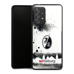 DeinDesign Galaxy A52s 5G Handy Slim Case extra d&uuml;nn Silikon Handyh&uuml;lle schwarz H&uuml;lle Skyline Sc Freiburg Logo Silikon Slim Case