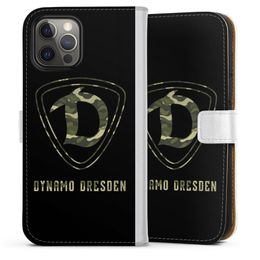 DeinDesign iPhone 12 Pro Max Handy Klapph&uuml;lle Handyh&uuml;lle aus Kunst Leder wei&szlig; Flip Case Sgd Official Licensed Product Sg Dynamo Dresden Sideflip mit Lasche