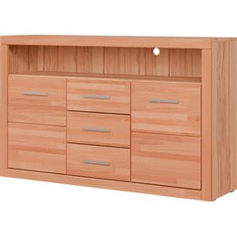 Sideboard OTTO HOME "Ribe,130cm breit,80cm hoch,Oberplatte Holz massiv,6 F&auml;cher", beige (kernbuche teilmassiv), B:130cm H:80cm T:35cm, Sideboards, Sideboard, Holz massiv, Holzwerkstoff, Metall Griffe,2 T&uuml;ren,3 Schubladen