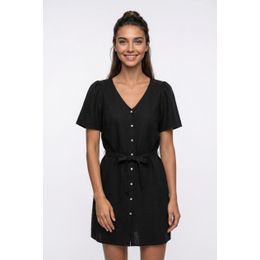 V&eacute;ro Moda Hemdblusenkleid VERO MODA "VMMYMILO 2/4 SHORT SHIRT DRESS WVN GA", Damen, Gr. M, N-Gr, schwarz, Obermaterial: 55% Viskose, 45% Leinen, unifarben, regular fit lang, tiefer V-Ausschnitt, Kleider, mit Tailleng&uuml;rtel