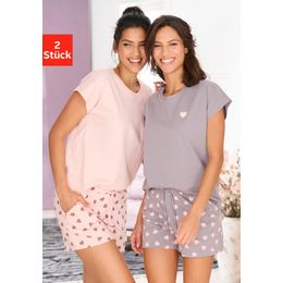 Pyjama Vivance Dreams, Damen, Gr. 32/34, rosa (taupe, rosa), Single Jersey, Obermaterial: 100% Baumwolle, gemustert, Basic, Basic kurz, Rundhals, Homewear-Sets Pyjama, mit s&uuml;&szlig;em Herzmuster
