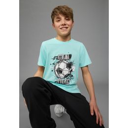 T-Shirt Kidsworld "Shirt mit Fu&szlig;ballmotiv: GOAL TIME", Jungen, Gr. 92/98, t&uuml;rkis meliert, Single Jersey, Obermaterial: 50% Baumwolle, 50% Polyester, bedruckt, Basic, Rundhals, Shirts T-Shirt, f&uuml;r Jungen, Kurzarm, Rundhalsausschnitt