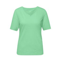 Langarm-Poloshirt GOLDNER "Kurzgr&ouml;&szlig;e Halbarm Basic-Shirt aus Baumwolle", Damen, Gr. 19, gr&uuml;n (hellgr&uuml;n), Obermaterial: 95% Baumwolle CO. 5% Elasthan EL., V-Ausschnitt, Tubular, Shirts, Ausschnitt in Herzform mit Schmucksteinen verziert