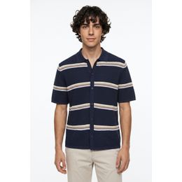 Jack & Jones Kurzarmhemd JACK & JONES "JORMAINE KNIT SS POLO CARDIGAN SN", Herren, Gr. L, N-Gr, blau (sky captain stripes:sea salt, seagrass, nutmeg, cashmere blau), Strick, Obermaterial: 100% Baumwolle, gestreift, relaxed fit normal, ohne Ausschnitt, Hemden, Gestrickt, Baumwolle, relexed fit