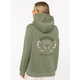 Hoodie Zwillingsherz "Wings", Damen, Gr. L/XL, olive, Sweatware, Obermaterial: 50% Baumwolle, 50% Polyester, comfort fit Po-bedeckend, ohne Ausschnitt, angesetztes B&uuml;ndchen mit Daumenl&ouml;chern, Sweatshirts Hoodie, glamour&ouml;se Stickerei mit Fl&uuml;geln, Pailletten, gl&auml;nzende Kordel