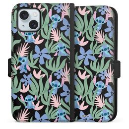 DeinDesign iPhone 15 Handy Klapph&uuml;lle Handyh&uuml;lle aus Kunst Leder schwarz Flip Case Disney Muster Lilo & Stitch Sideflip mit Lasche