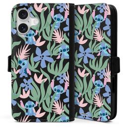 DeinDesign iPhone 16 Plus Handy Klapph&uuml;lle Handyh&uuml;lle aus Kunst Leder schwarz Flip Case Disney Muster Lilo & Stitch Sideflip mit Lasche