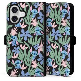 DeinDesign iPhone 16 Handy Klapph&uuml;lle Handyh&uuml;lle aus Kunst Leder schwarz Flip Case Disney Muster Lilo & Stitch Sideflip mit Lasche
