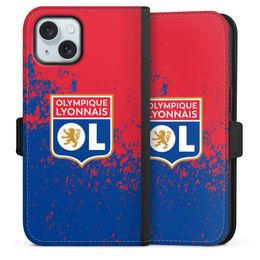 DeinDesign iPhone 15 Handy Klapph&uuml;lle Handyh&uuml;lle aus Kunst Leder schwarz Flip Case Ol Olympique Lyonnais Official Licensed Product Sideflip mit Lasche