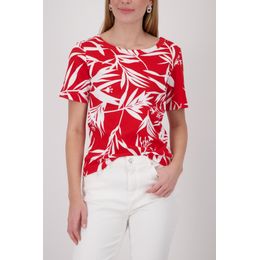 Rundhalsshirt monari "Shirt Bl&auml;tter allover", Damen, Gr. 34, rot (rot wei&szlig;), Web, Obermaterial: 100% Baumwolle, bedruckt, gemustert, mehrfarbig, regular fit taillenbedeckt, Rundhals, eingesetzt abgesteppte Kante, Shirts Rundhalsshirt, mit allover Tropicalprint
