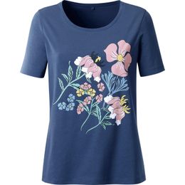 Damen Kurzarmshirt mit Bl&uuml;ten-Druck jeansblau-bedruckt, Gr&ouml;&szlig;e 46