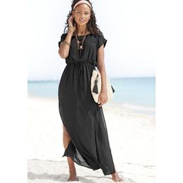 Lascana Strandkleid 'aus leicht transparenter Webware mit hohen Schlitzen' schwarz Gr. 36 f&uuml;r Damen. Mit Rundhals. Figurumspielend. Nachhaltig.