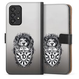 DeinDesign Galaxy A33 5G Handy Klapph&uuml;lle Handyh&uuml;lle aus Kunst Leder schwarz Flip Case Lion Sgd Sg Dynamo Dresden Sideflip mit langer Lasche