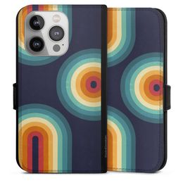 DeinDesign iPhone 14 Pro Handy Klapph&uuml;lle Handyh&uuml;lle aus Kunst Leder schwarz Flip Case Retro Colourful Rainbow Sideflip mit langer Lasche