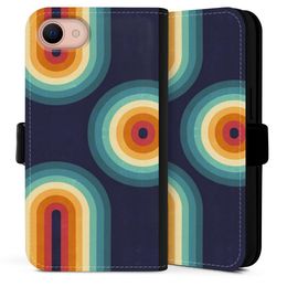DeinDesign iPhone 16e Handy Klapph&uuml;lle Handyh&uuml;lle aus Kunst Leder schwarz Flip Case Retro Colourful Rainbow Sideflip mit Lasche