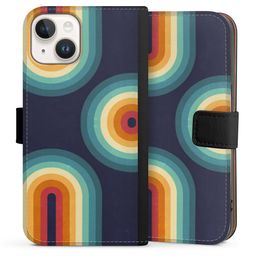 DeinDesign iPhone 14 Handy Klapph&uuml;lle Handyh&uuml;lle aus Kunst Leder schwarz Flip Case Retro Colourful Rainbow Sideflip mit Lasche