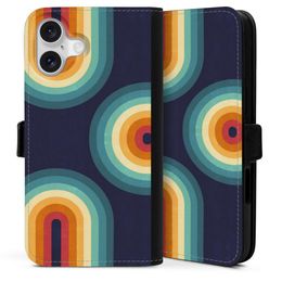 DeinDesign iPhone 16 Plus Handy Klapph&uuml;lle Handyh&uuml;lle aus Kunst Leder schwarz Flip Case Retro Colourful Rainbow Sideflip mit Lasche