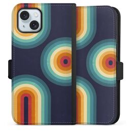 DeinDesign iPhone 15 Handy Klapph&uuml;lle Handyh&uuml;lle aus Kunst Leder schwarz Flip Case Retro Colourful Rainbow Sideflip mit Lasche