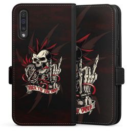 DeinDesign Galaxy A50 Handy Klapph&uuml;lle Handyh&uuml;lle aus Kunst Leder schwarz Flip Case Rock Totenkopf Music Sideflip mit Lasche