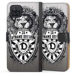 DeinDesign Galaxy A12 Handy Klapph&uuml;lle Handyh&uuml;lle aus Kunst Leder schwarz Flip Case Lion Sgd Sg Dynamo Dresden Sideflip mit langer Lasche