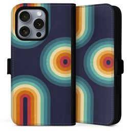 DeinDesign iPhone 16 Pro Max Handy Klapph&uuml;lle Handyh&uuml;lle aus Kunst Leder schwarz Flip Case Retro Colourful Rainbow Sideflip mit Lasche