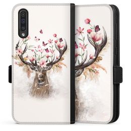 DeinDesign Galaxy A50 Handy Klapph&uuml;lle Handyh&uuml;lle aus Kunst Leder schwarz Flip Case Deer Flowers Animals Sideflip mit Lasche