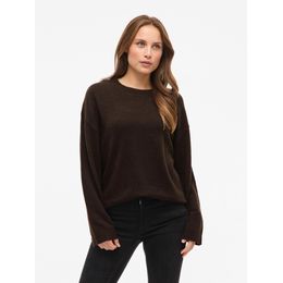 Strickpullover Vila "VILIGA L/S O-NECK KNIT TOP - NOOS", Damen, Gr. M, coffee bean detail:melange, Strick, Obermaterial: 97% Polyester, 3% Elasthan, meliert, relaxed fit normal, Rundhals, Rippb&uuml;ndchen, Pullover Strickpullover, Materialmix, relaxed fit
