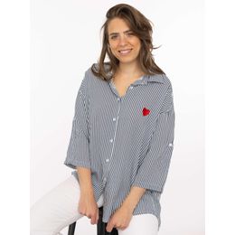 Hemdbluse Zwillingsherz "Streifen & Herz", Damen, blau, Web, Obermaterial: 100% Baumwolle, bestickt, gestreift, mehrfarbig, Po-bedeckend, ohne Ausschnitt, Krempel&auml;rmel gerader Abschluss krempelbar, Blusen Hemdbluse, lockere Passform, Turn-Ups am &Auml;rmel, Herzpatch, mit Kn&ouml;pfen