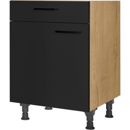 Unterschrank Nobilia "MIAMI", Ausrichtung w&auml;hlbar, vormontiert, in den Breiten 30, 45 und", front: schwarz supermatt korpus: eiche sierra, B:60cm H:87cm T:58,3cm, Schr&auml;nke, Unterschrank, 60 cm Breite, mit h&ouml;henverstellbaren Sockelf&uuml;&szlig;en, vormontiert