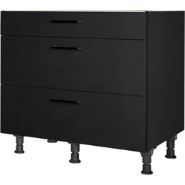 Unterschrank Nobilia "MIAMI", vormontiert, mit h&ouml;henverstellbaren Sockelf&uuml;&szlig;en, in den", front: schwarz supermatt korpus: schwarz, B:90cm H:87cm T:58,3cm, Schr&auml;nke, Unterschrank, Breiten 30, 45, 60 und 90 cm, mit Schubkasten und Ausz&uuml;gen