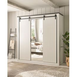 Kleiderschrank Home Affaire "SHERWOOD Schlafzimmerschrank mit Spiegel W&auml;scheschrank", wei&szlig; (pinie wei&szlig; dekor), B:201cm H:209cm T:63cm, Schr&auml;nke, Kleiderschrank, Schiebet&uuml;ren mit Scheunentorbeschlag aus Metall, B/T/H 201/63/209cm