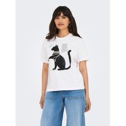 Kurzarmshirt Only "ONLDONNA LIFE S/S COOL TOP BOX JRS", Damen, Gr. M, wei&szlig; (hellwei&szlig; print:cat), Jersey, Obermaterial: 100% Baumwolle, bedruckt, regular fit normal, Rundhals, Shirts