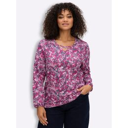 sheego Gro&szlig;e Gr&ouml;&szlig;en Langarmshirt mit &uuml;berkreuzten B&auml;ndern, rauchblau-erika-bedruckt, Gr&ouml;&szlig;e 56 - Damen