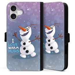 DeinDesign iPhone 16 Plus Handy Klapph&uuml;lle Handyh&uuml;lle aus Kunst Leder schwarz Flip Case Frozen Olaf Official Licensed Product Frozen Sideflip mit Lasche