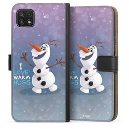 DeinDesign Galaxy A22 5G Handy Klapph&uuml;lle Handyh&uuml;lle aus Kunst Leder schwarz Flip Case Frozen Olaf Official Licensed Product Frozen Sideflip mit langer Lasche
