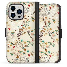 DeinDesign iPhone 13 Pro Handy Klapph&uuml;lle Handyh&uuml;lle aus Kunst Leder schwarz Flip Case Flowers Bird Retro Sideflip mit Lasche