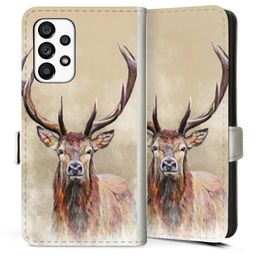 DeinDesign Galaxy A53 5G Handy Klapph&uuml;lle Handyh&uuml;lle aus Kunst Leder wei&szlig; Flip Case Deer Animal Look Reindeer Sideflip mit Lasche
