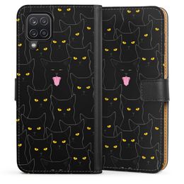 DeinDesign Galaxy A12 Handy Klapph&uuml;lle Handyh&uuml;lle aus Kunst Leder schwarz Flip Case Muster Eye Cat Sideflip mit langer Lasche