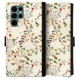 DeinDesign Galaxy S22 Ultra Handy Klapph&uuml;lle Handyh&uuml;lle aus Kunst Leder schwarz Flip Case Flowers Bird Retro Sideflip mit langer Lasche