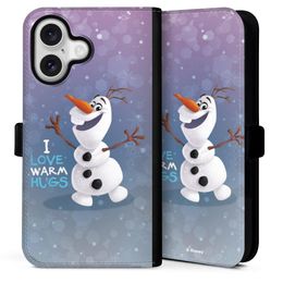 DeinDesign iPhone 16 Handy Klapph&uuml;lle Handyh&uuml;lle aus Kunst Leder schwarz Flip Case Frozen Olaf Official Licensed Product Frozen Sideflip mit Lasche
